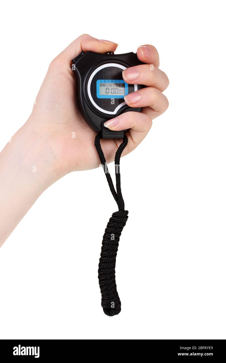 electronic sport timer in hand isolated on white Stock Photo - Alamy