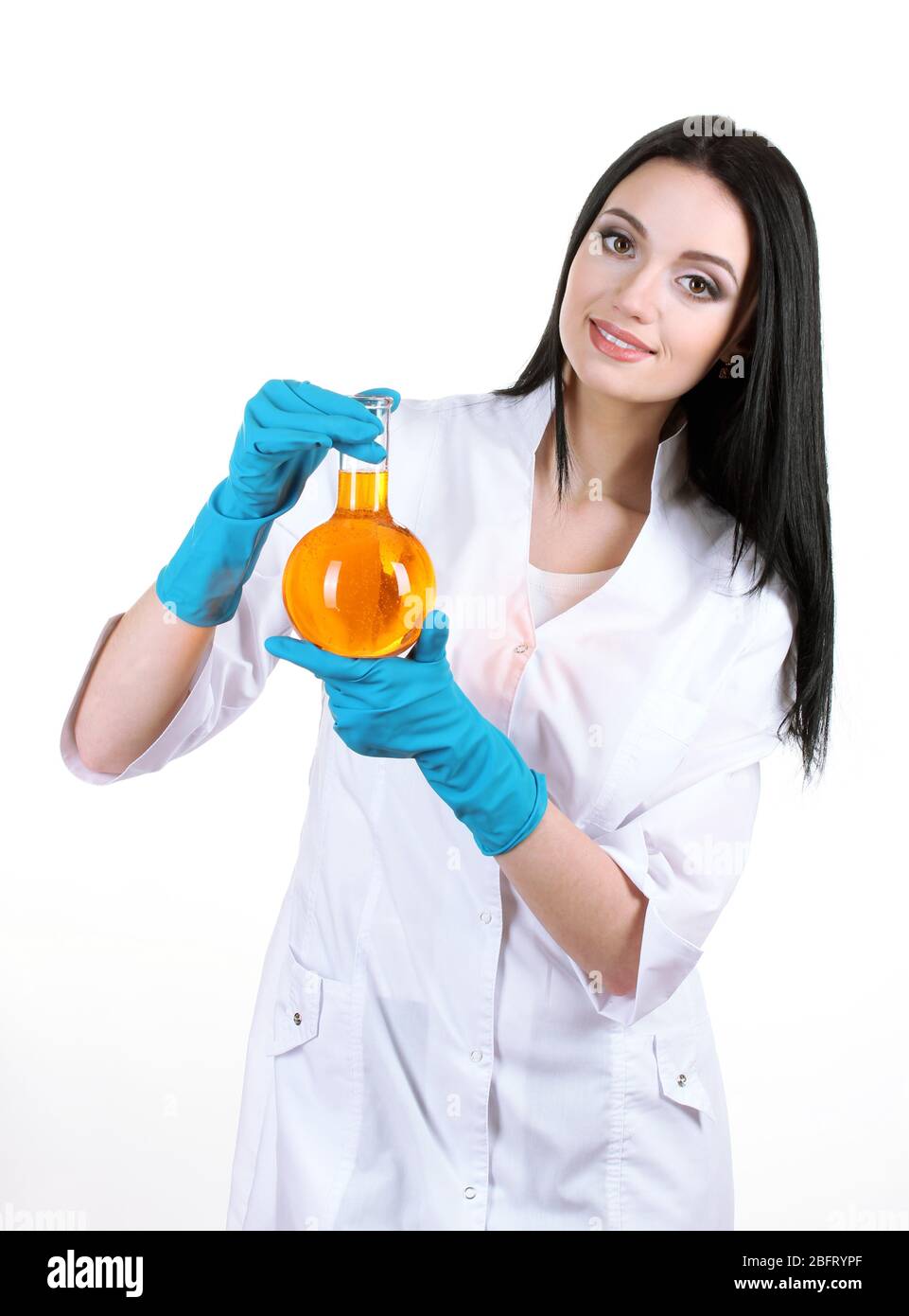 Young female scientist holding test-tube isolated on white Stock Photo ...