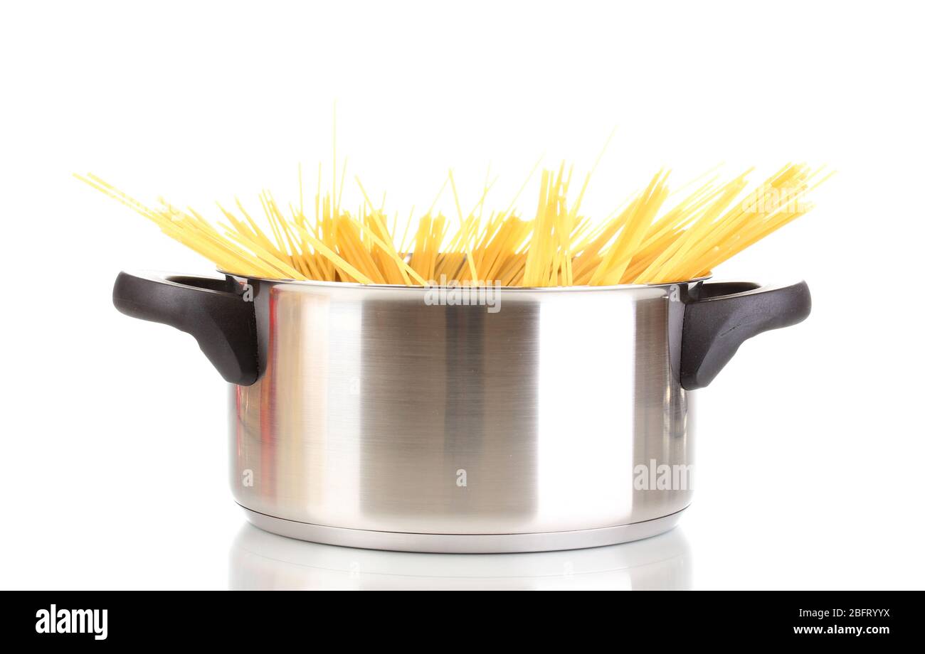 Spaghetti in pot isolated on white Stock Photo - Alamy