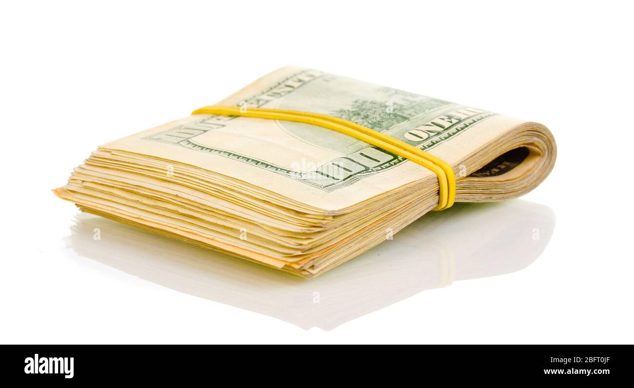 Dollar banknotes tied with rubber band isolated on white Stock Photo ...