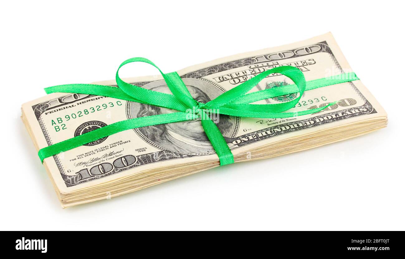 Dollar banknotes tied with ribbon isolated on white Stock Photo - Alamy
