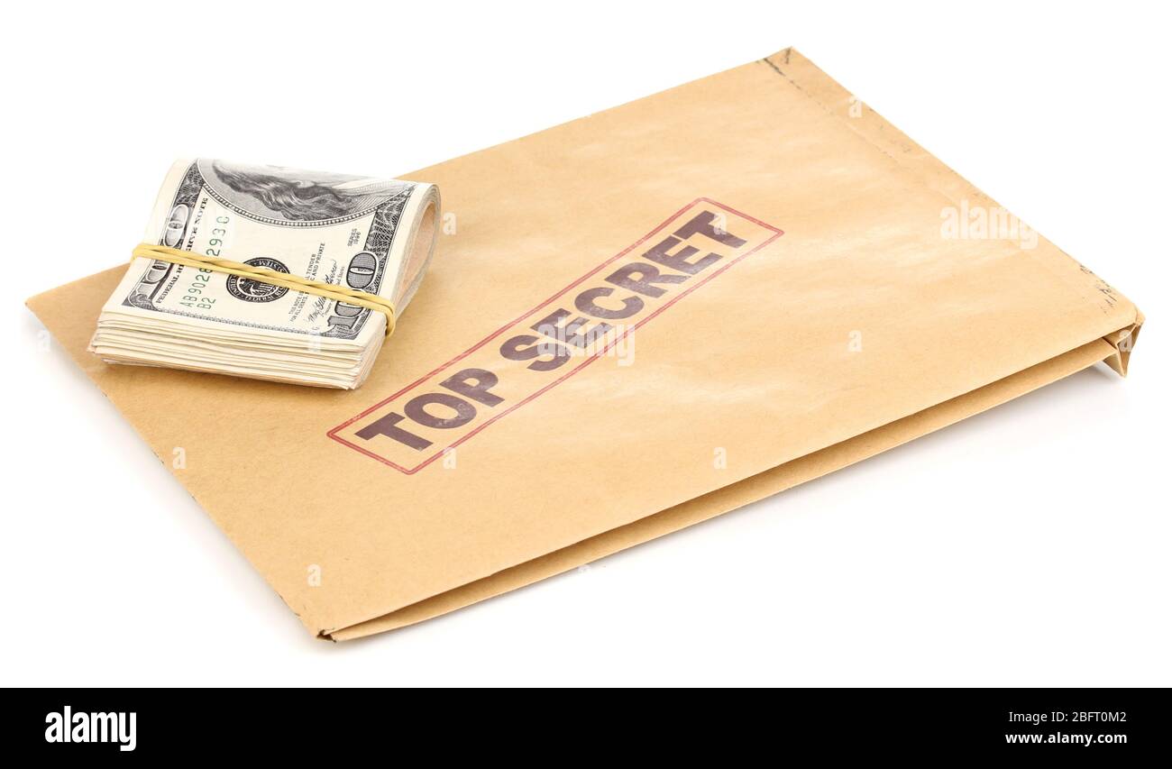 Dollar banknotes and top secret envelope isolated on white Stock Photo ...
