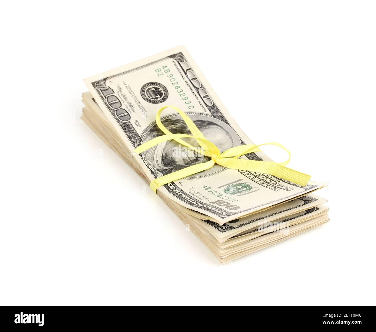 Dollar banknotes tied with ribbon isolated on white Stock Photo - Alamy