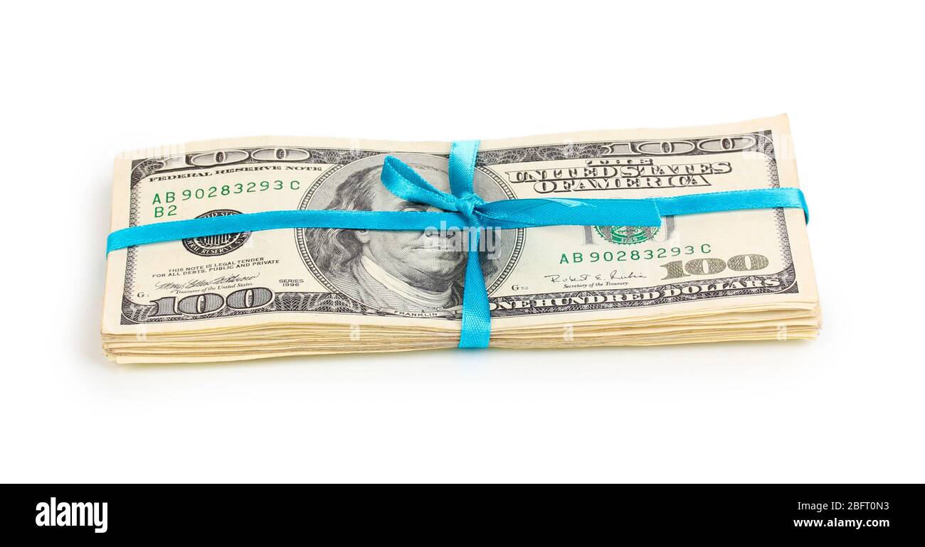 Dollar banknotes tied with ribbon isolated on white Stock Photo - Alamy