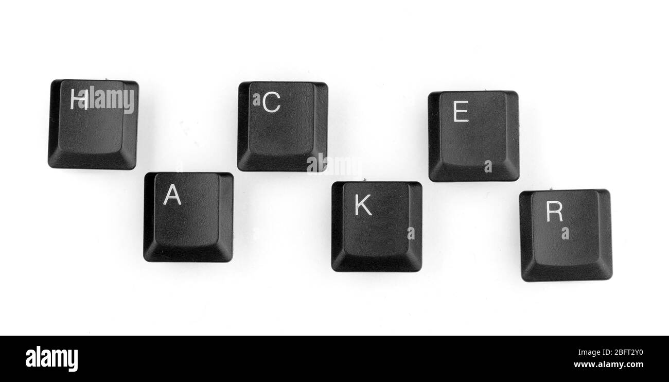 Keyboard keys saying hacker isolated on white Stock Photo - Alamy