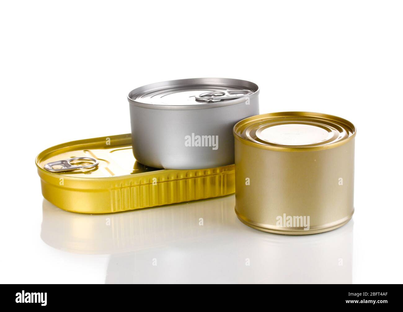 Three tin cans isolated on white Stock Photo - Alamy