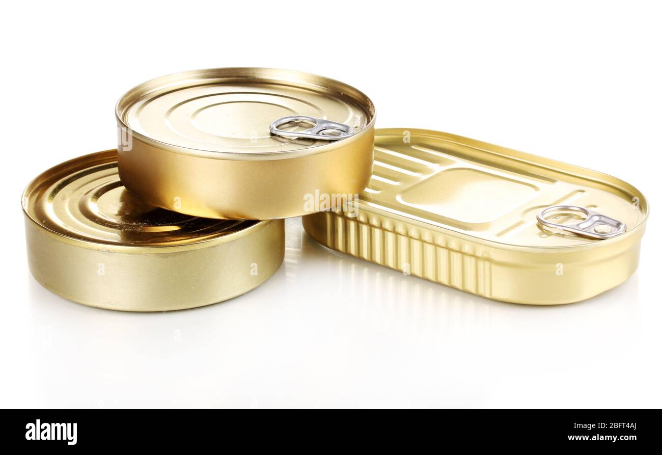 Three tin cans isolated on white Stock Photo - Alamy