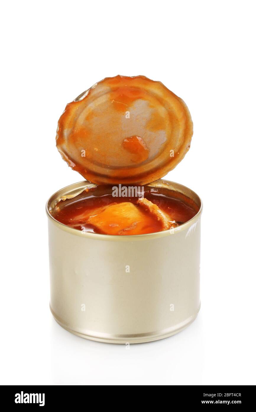 Open tin can isolated on white Stock Photo - Alamy