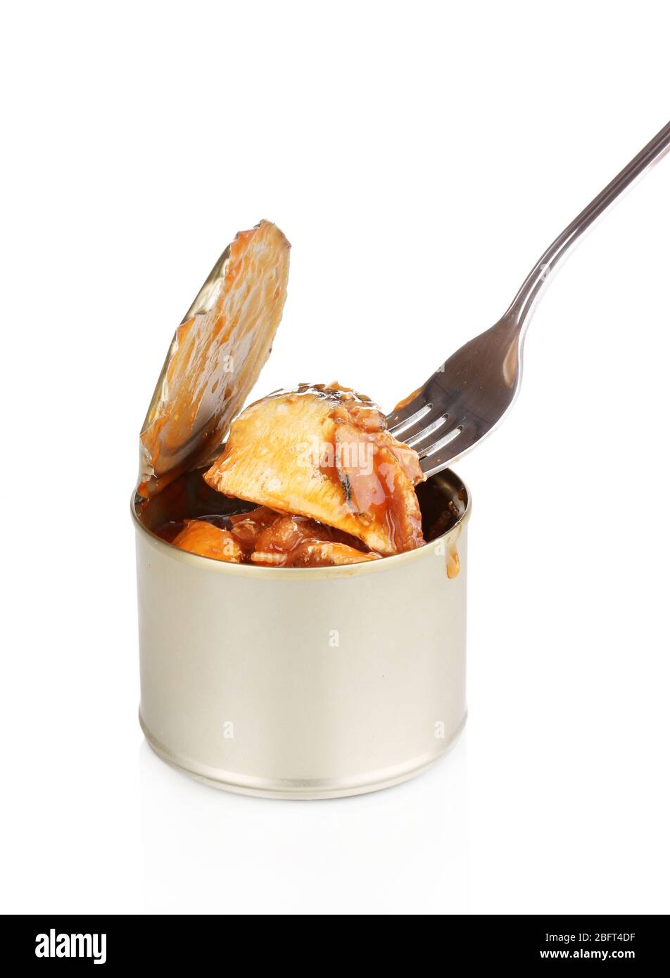 Open tin can with fork isolated on white Stock Photo - Alamy
