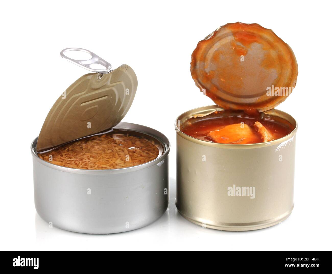 Open tin cans isolated on white Stock Photo - Alamy
