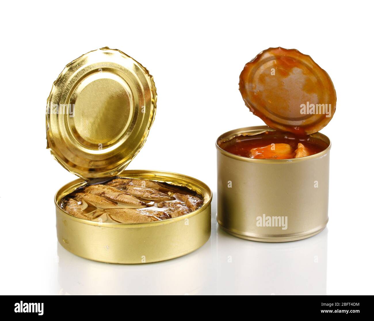 Open tin cans isolated on white Stock Photo - Alamy