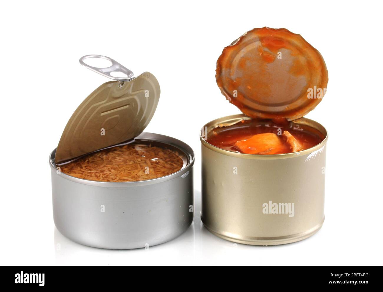 Open tin cans isolated on white Stock Photo - Alamy