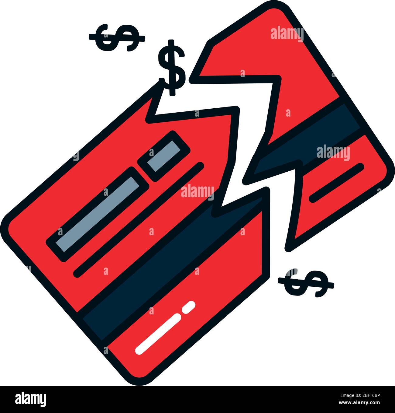 broken credit card icon over white background, line and fill style ...