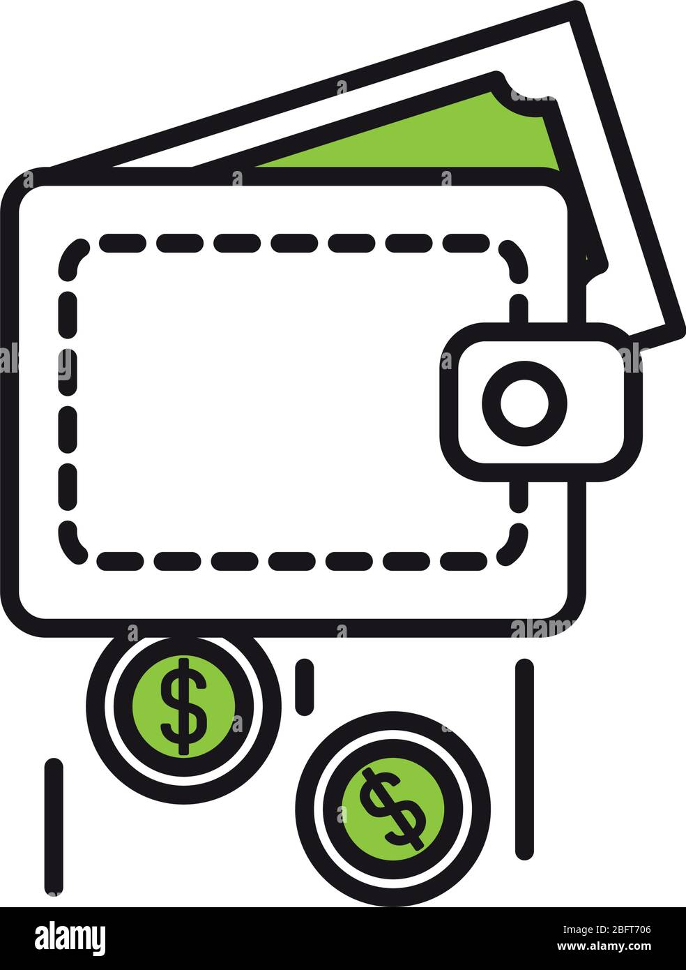 wallet with money falling icon over white background, half line half ...