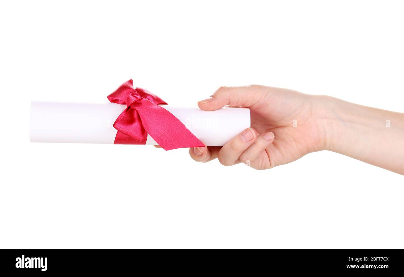 Graduation diploma in hand isolated on white Stock Photo - Alamy