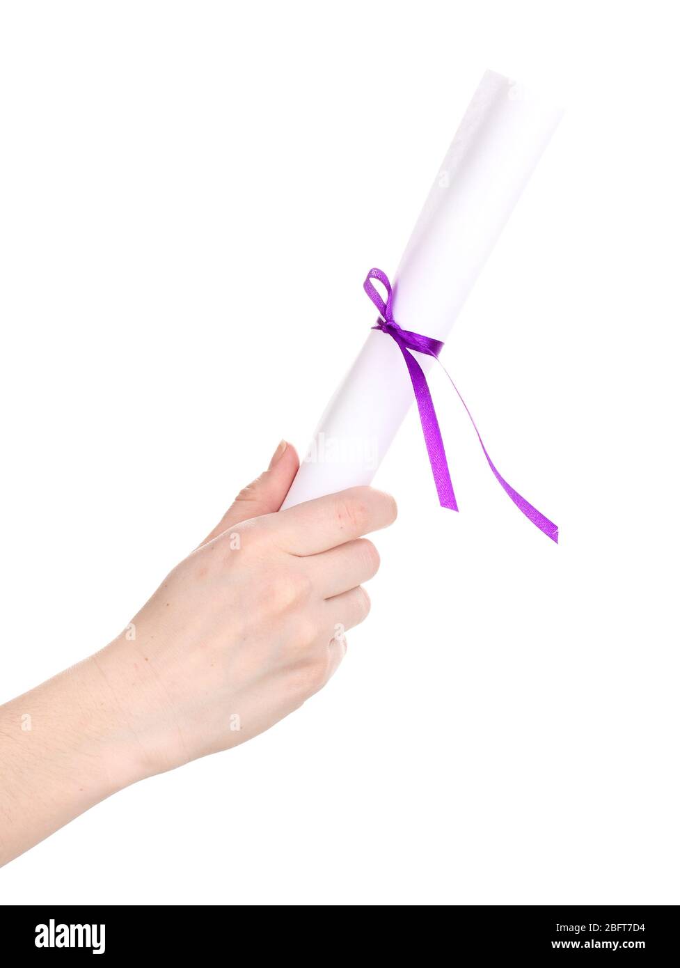 Graduation diploma in hand isolated on white Stock Photo - Alamy