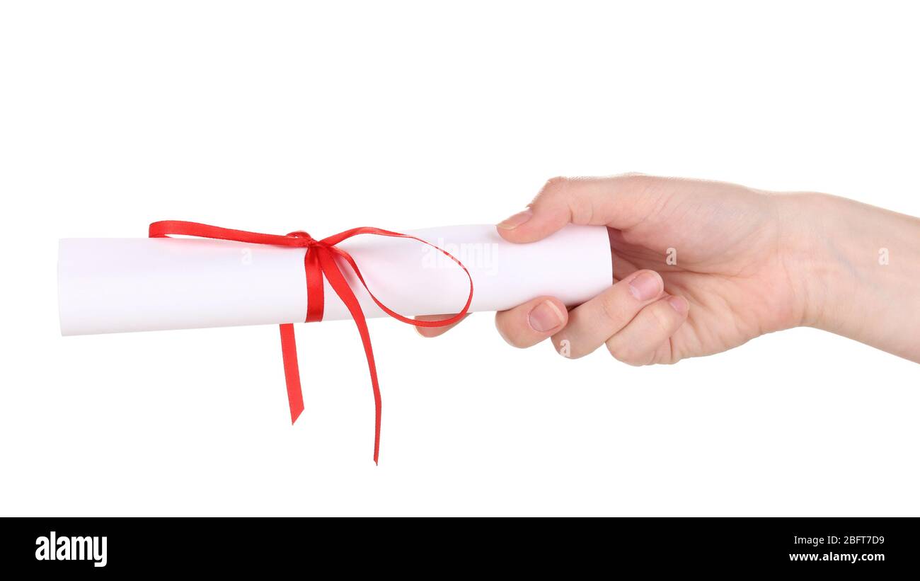 Graduation diploma in hand isolated on white Stock Photo - Alamy