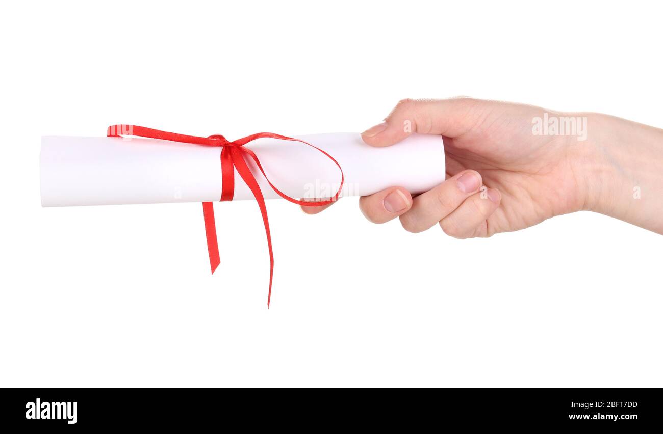 Graduation diploma in hand isolated on white Stock Photo - Alamy