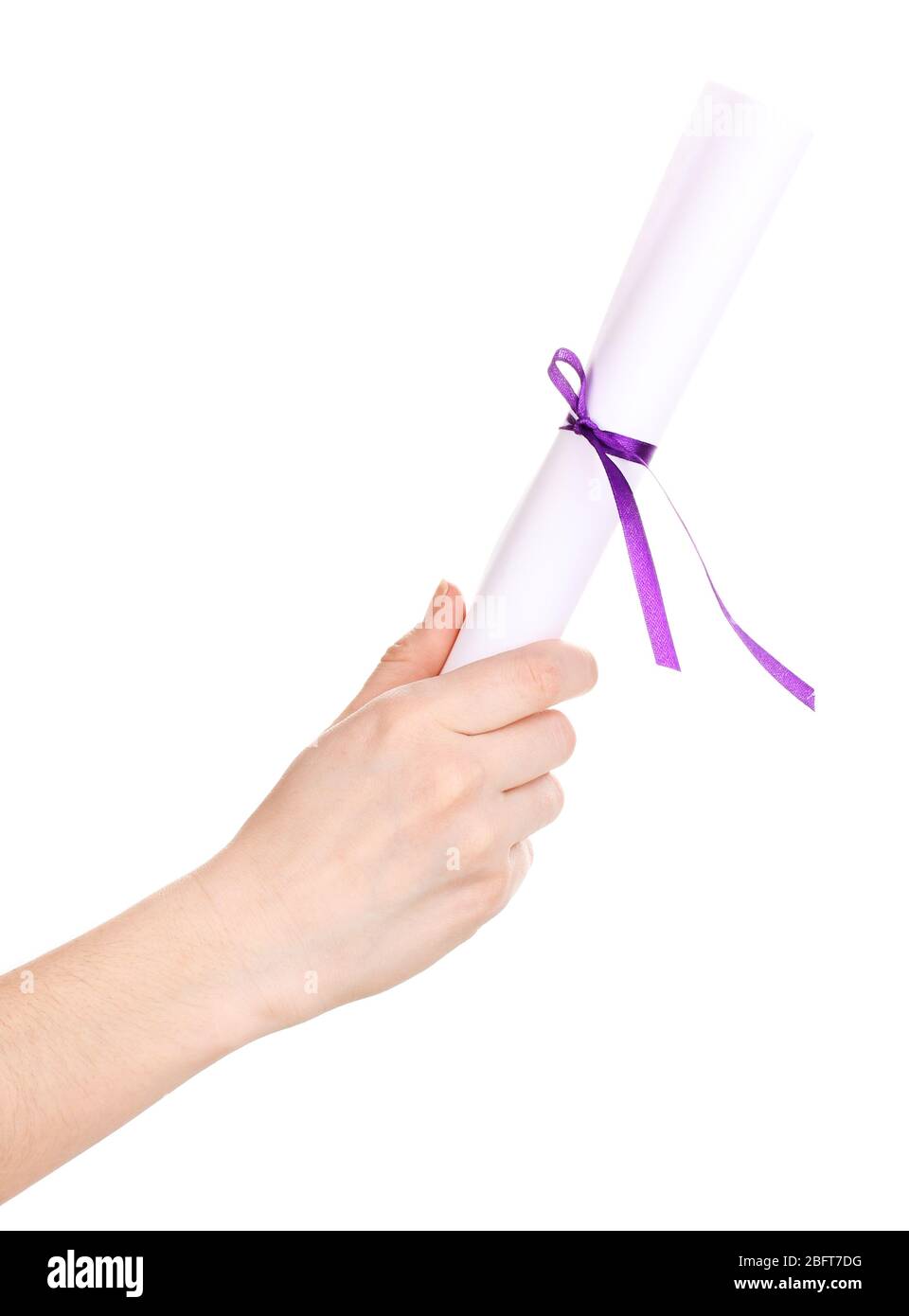 Graduation diploma in hand isolated on white Stock Photo - Alamy