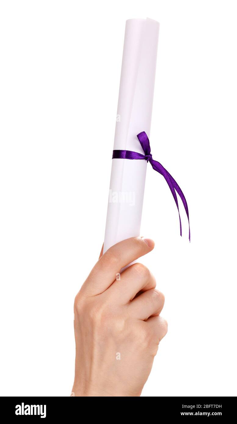 Graduation diploma in hand isolated on white Stock Photo - Alamy