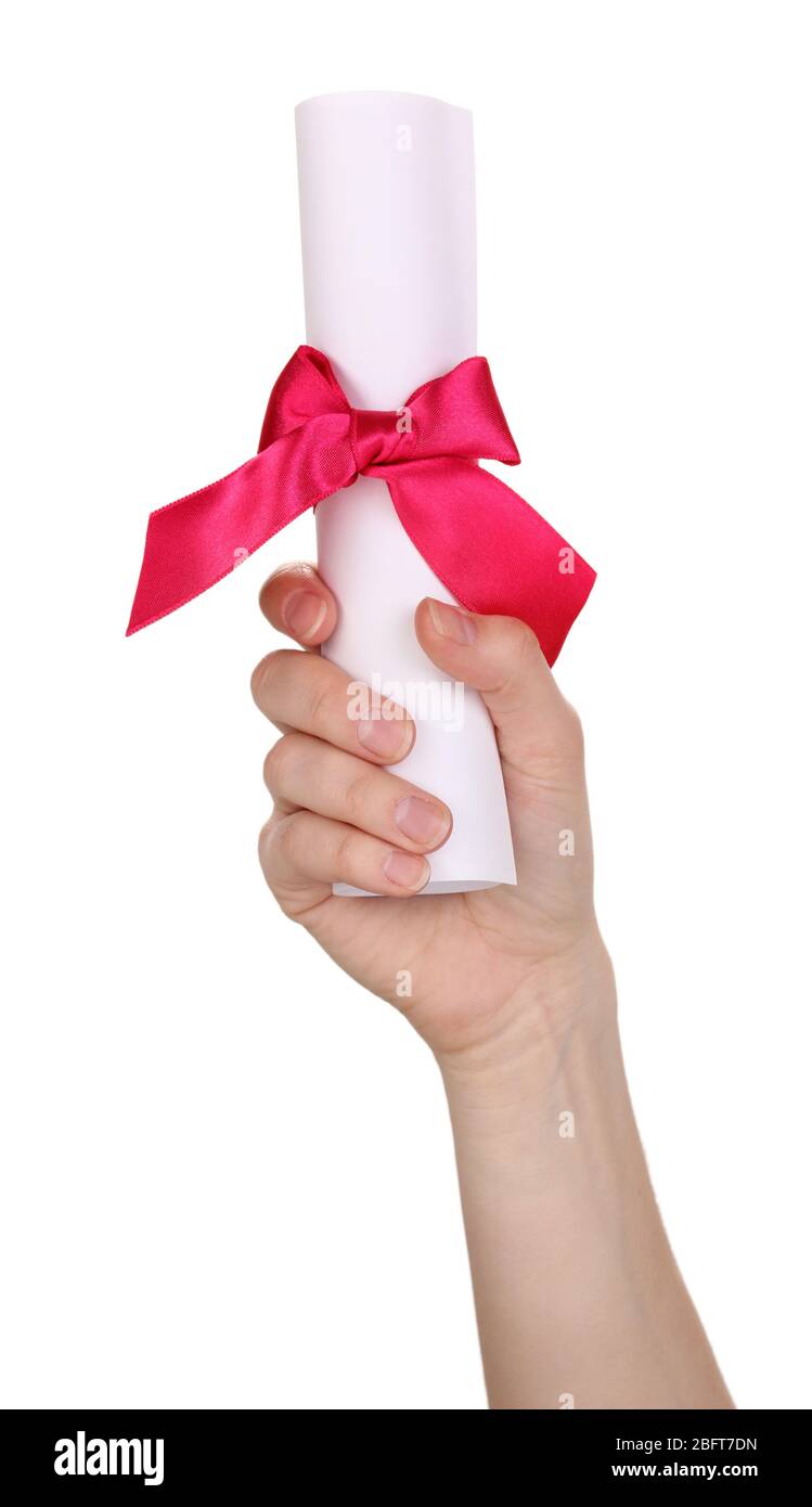 Graduation diploma in hand isolated on white Stock Photo - Alamy