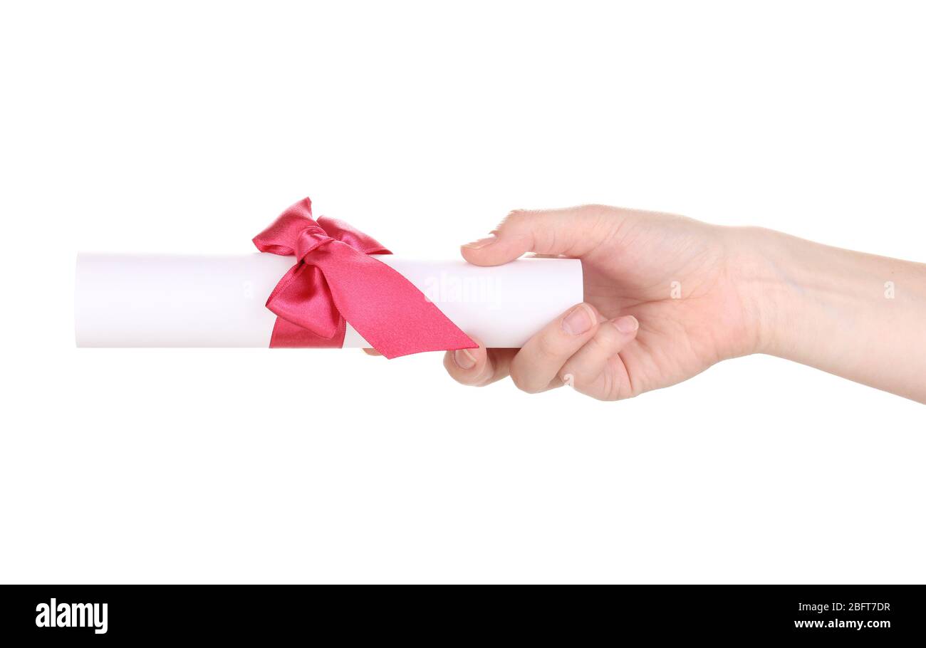 Graduation diploma in hand isolated on white Stock Photo - Alamy