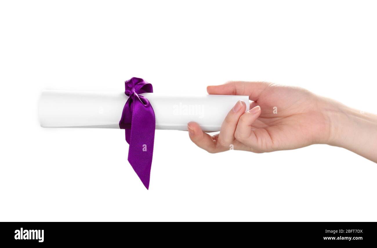 Graduation diploma in hand isolated on white Stock Photo - Alamy