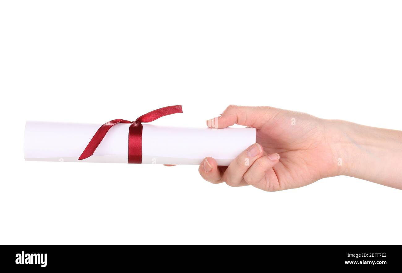 Graduation diploma in hand isolated on white Stock Photo - Alamy