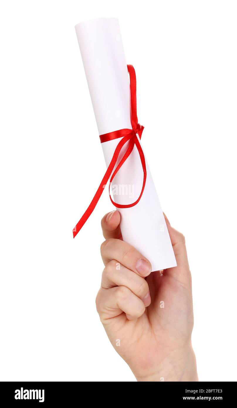 Graduation diploma in hand isolated on white Stock Photo - Alamy