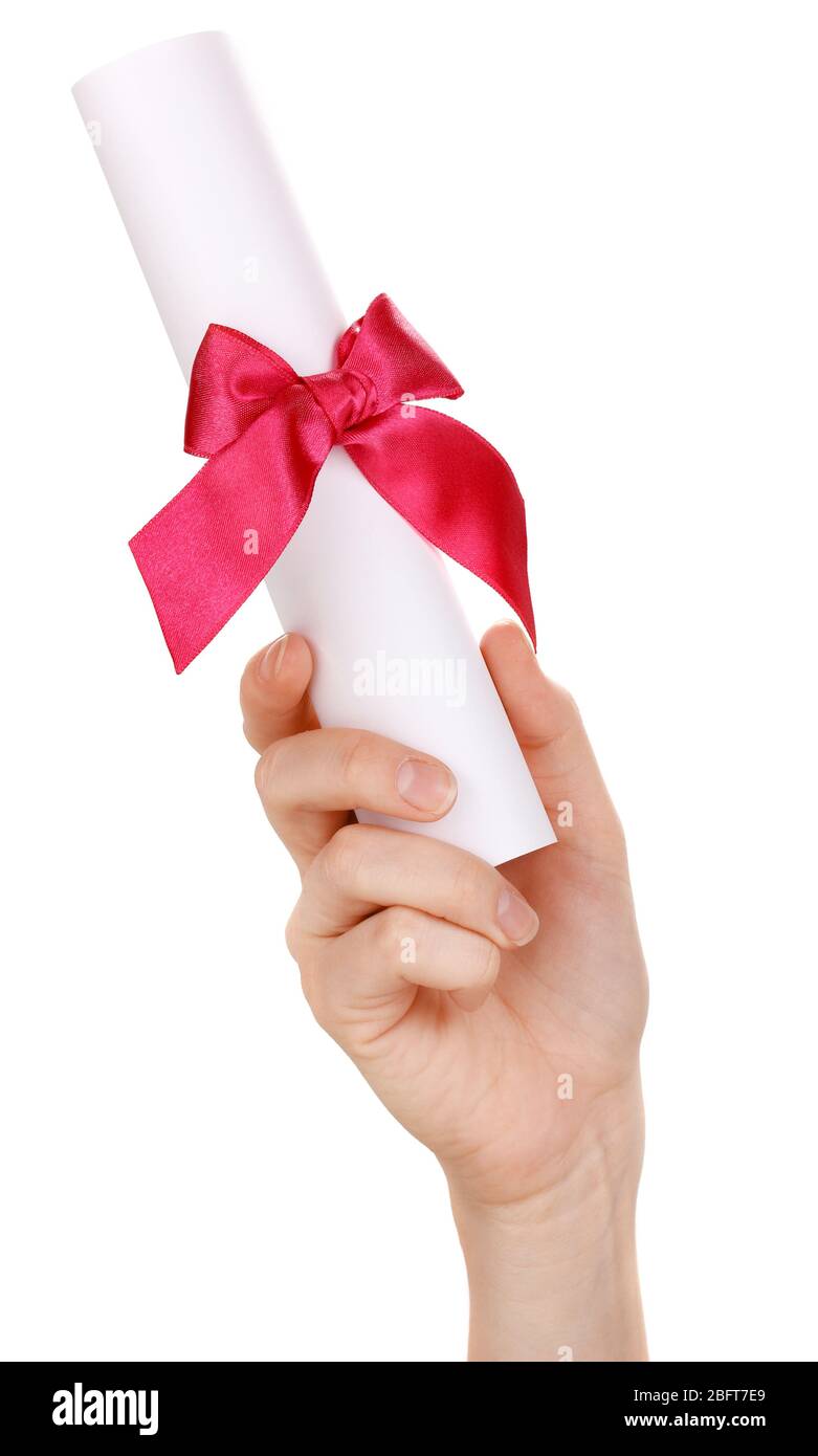 Graduation diploma in hand isolated on white Stock Photo - Alamy