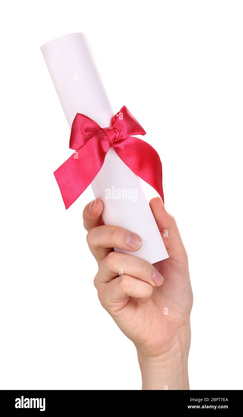 Graduation diploma in hand isolated on white Stock Photo - Alamy