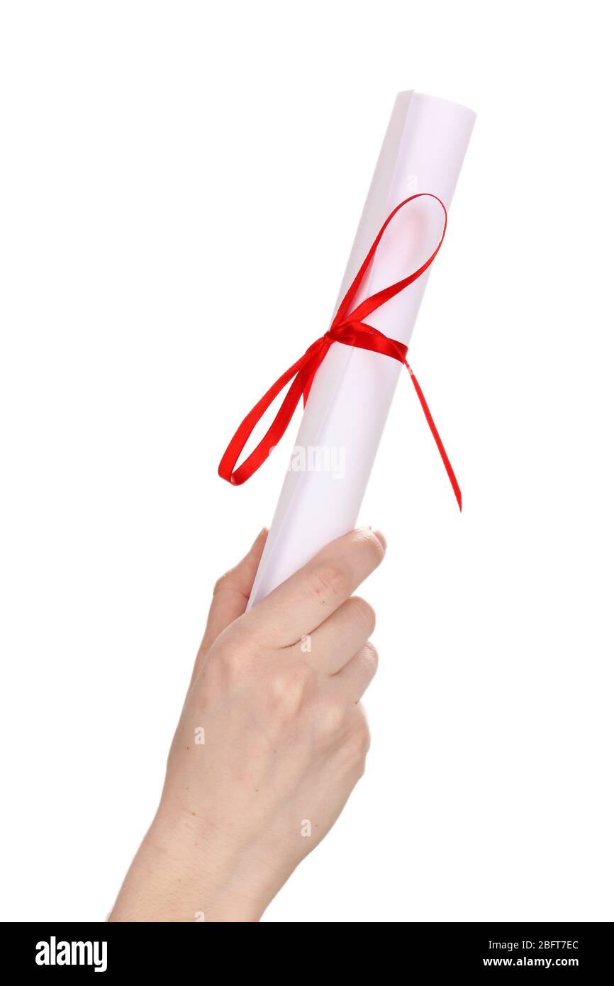 Graduation diploma in hand isolated on white Stock Photo - Alamy