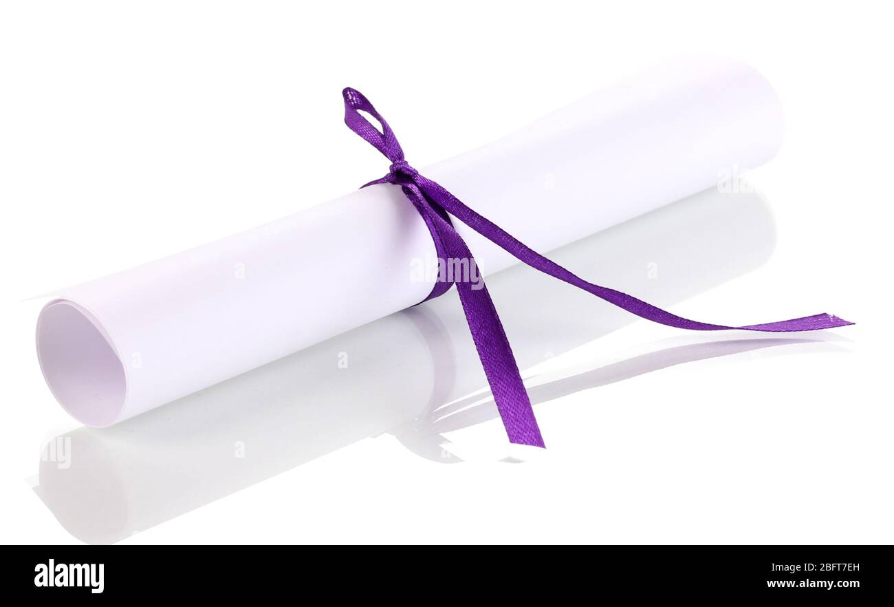 Graduation diploma tied with ribbon isolated on white Stock Photo - Alamy