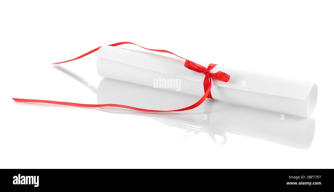 Graduation diploma tied with ribbon isolated on white Stock Photo - Alamy