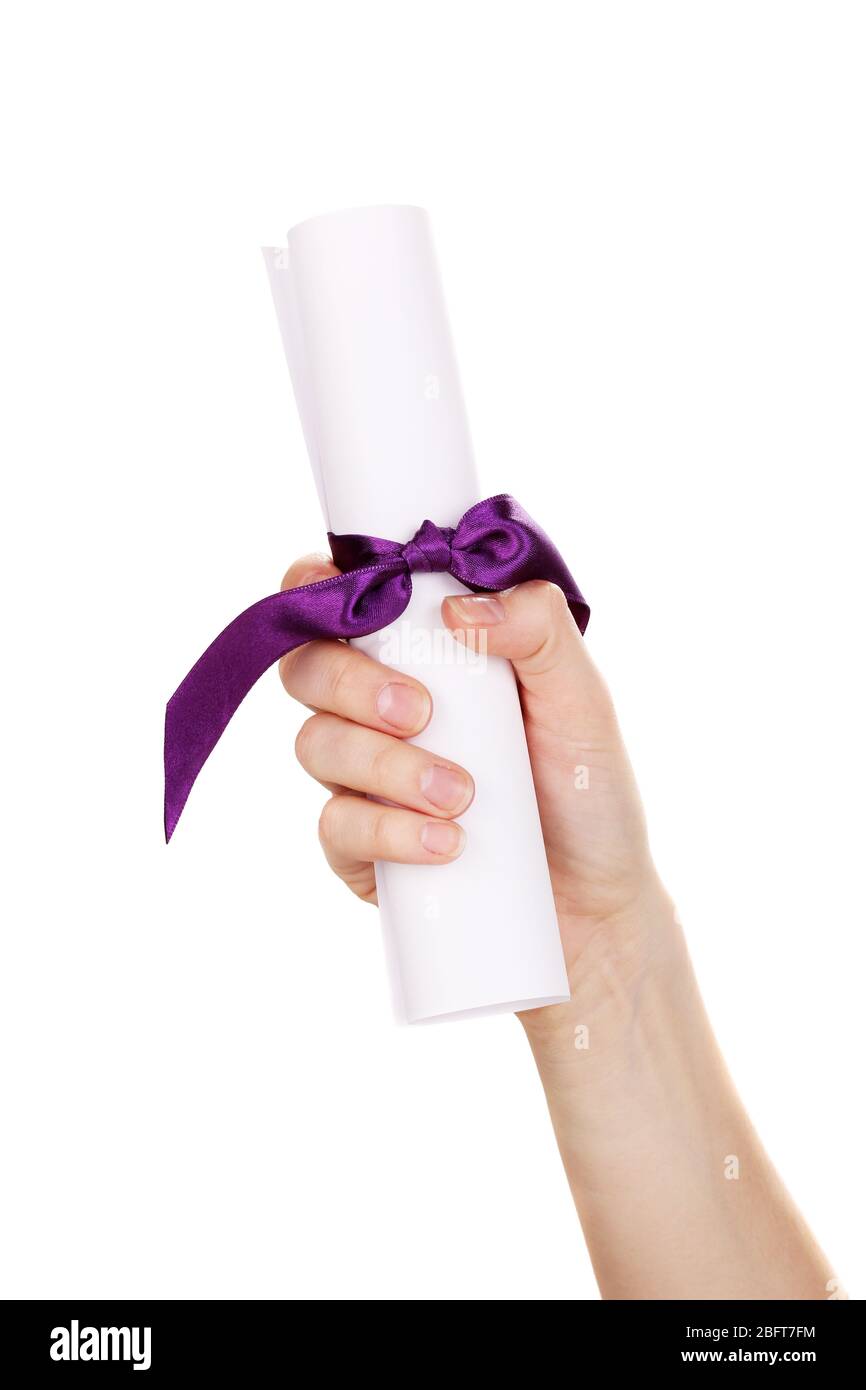 Graduation diploma in hand isolated on white Stock Photo - Alamy