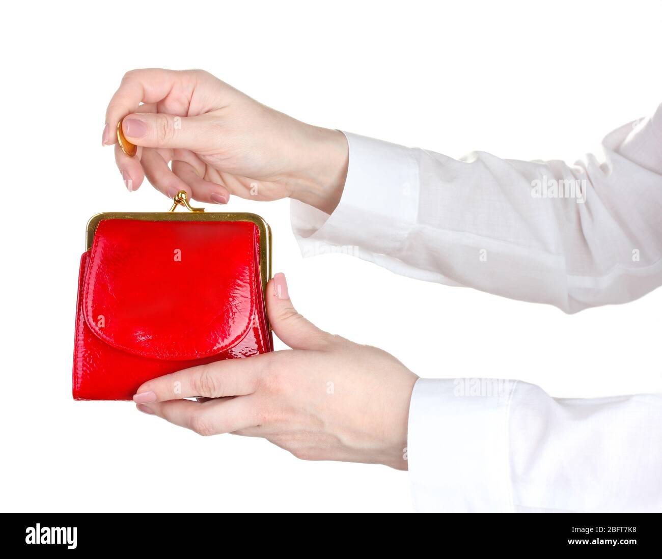 Woman holding change purse white wallet hi-res stock photography and ...