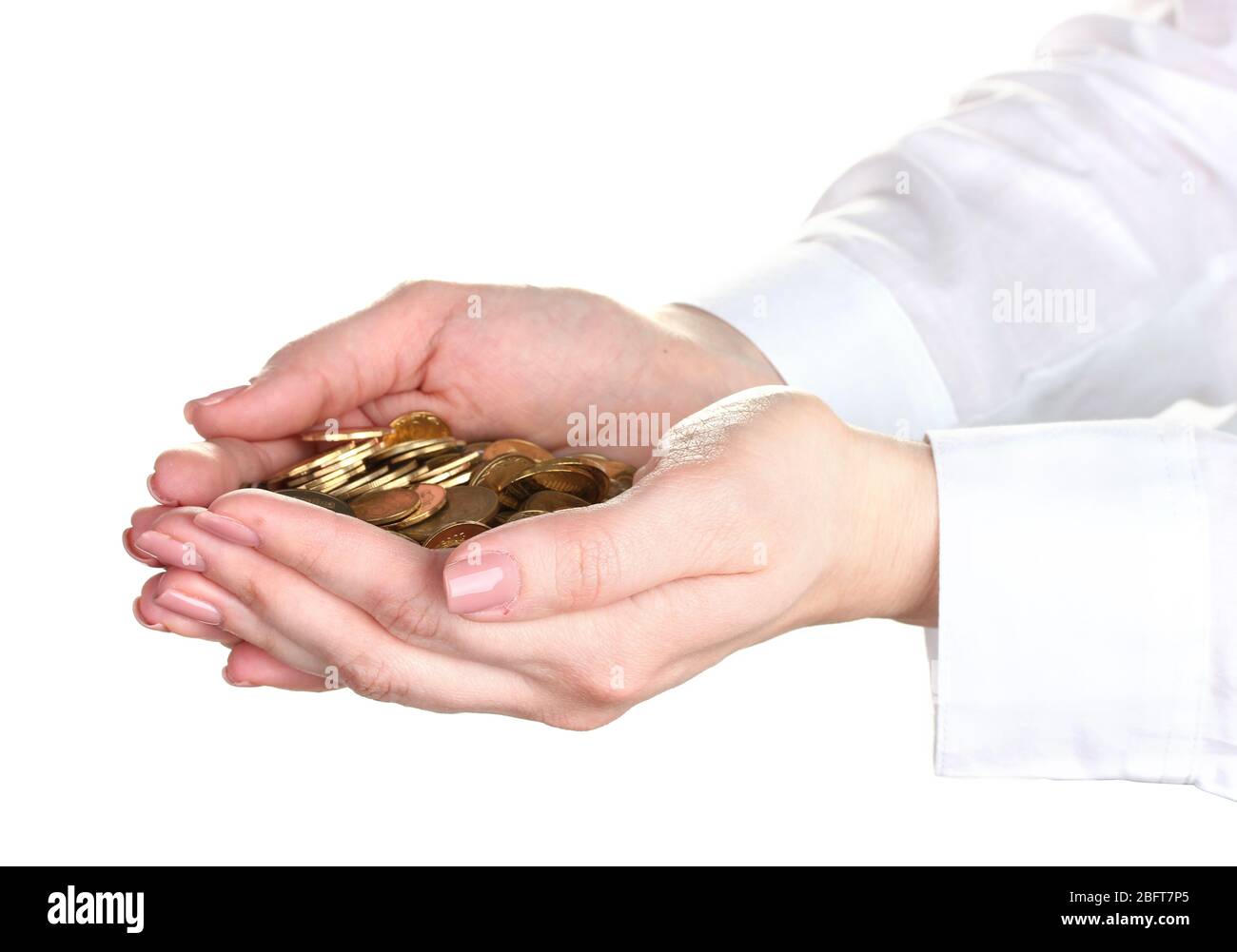 Woman hands with coins isolated on white Stock Photo - Alamy