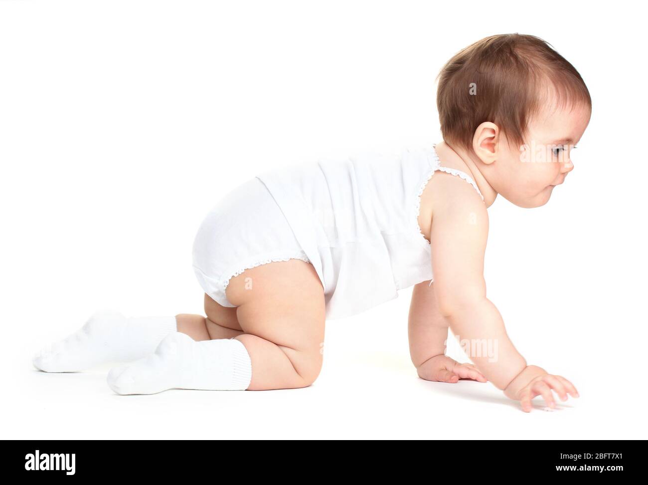 Cute baby girl crawling isolated on white Stock Photo - Alamy