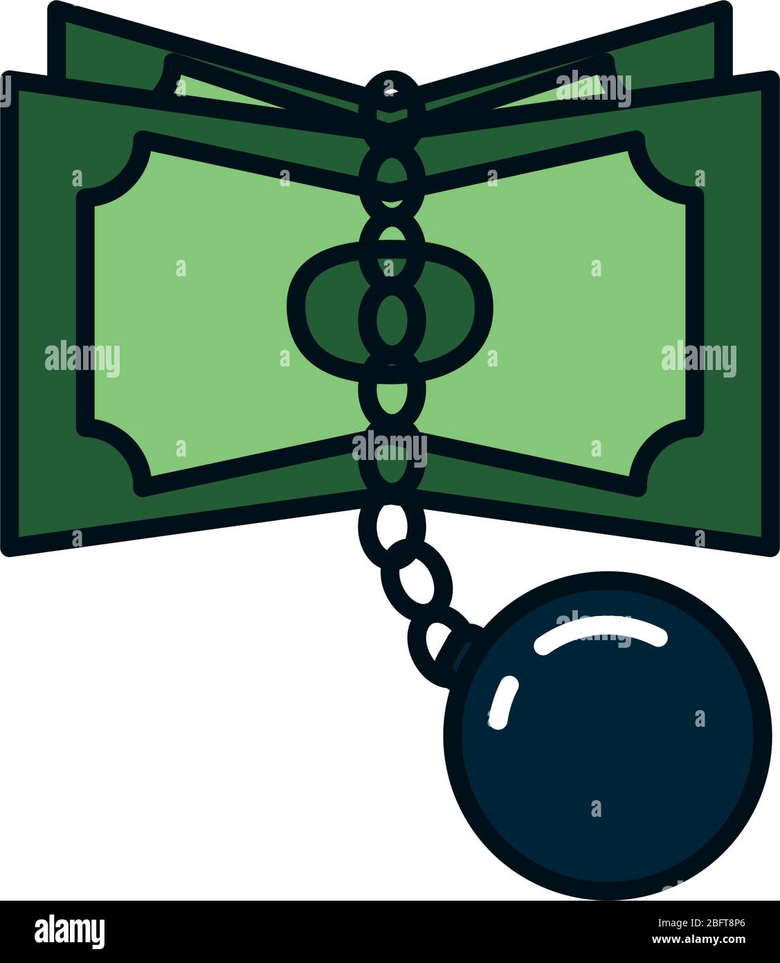 money bills with chain with ball icon over white background, line and ...