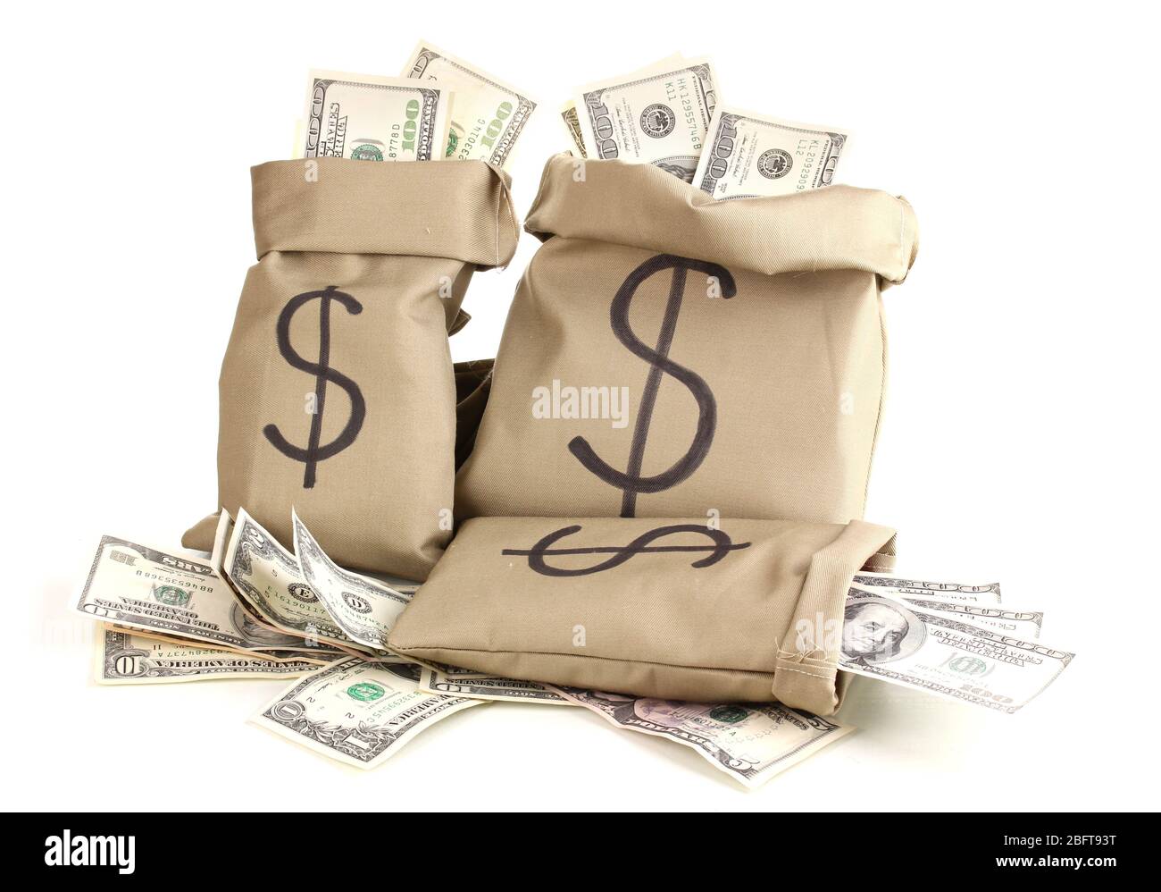 Bags with money isolated on white Stock Photo - Alamy