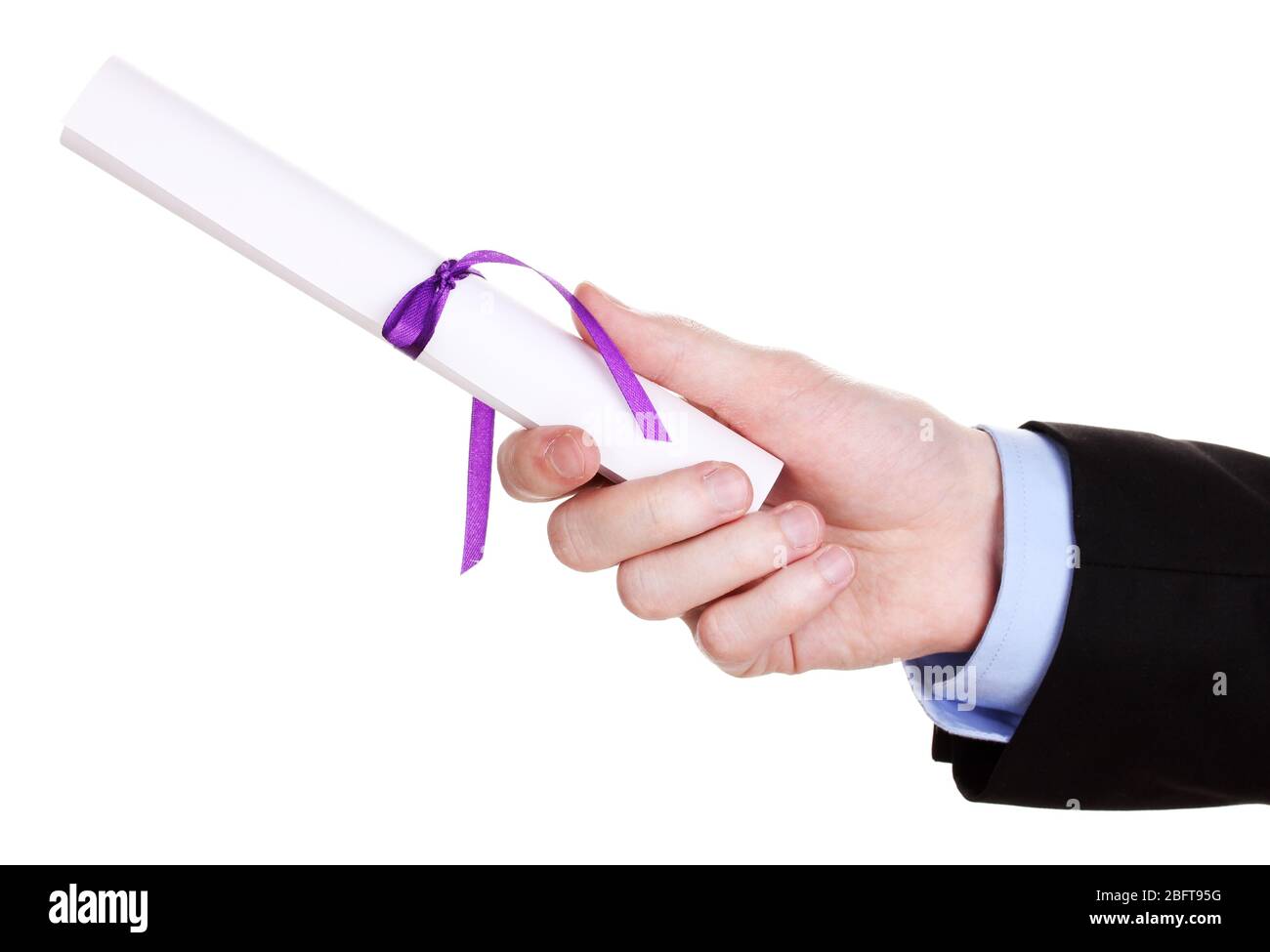 Graduation diploma in hand isolated on white Stock Photo - Alamy