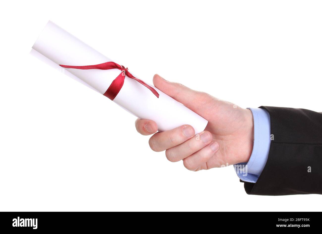 Graduation diploma in hand isolated on white Stock Photo - Alamy