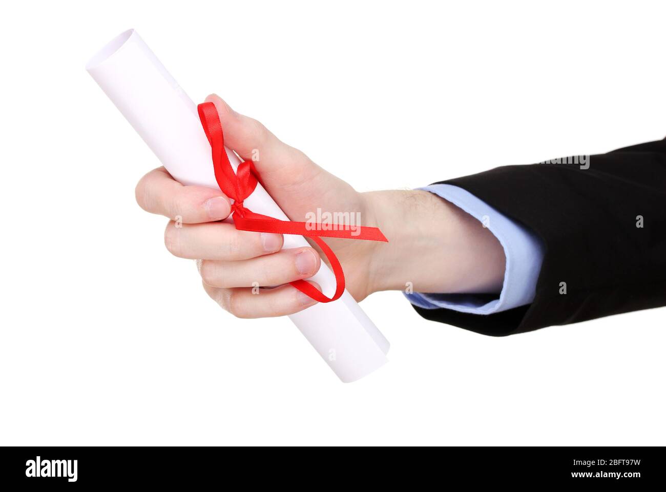 Graduation diploma in hand isolated on white Stock Photo - Alamy
