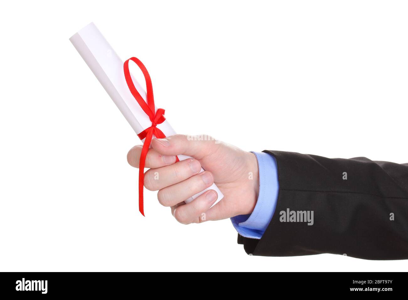 Graduation diploma in hand isolated on white Stock Photo - Alamy