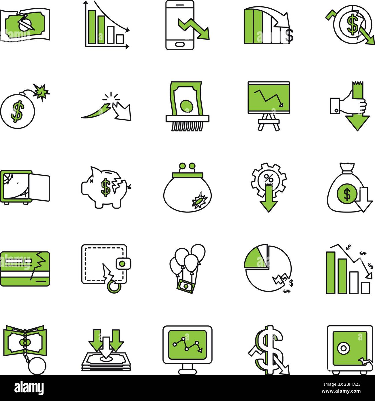 credit card and economic recession icon set over white background, half ...