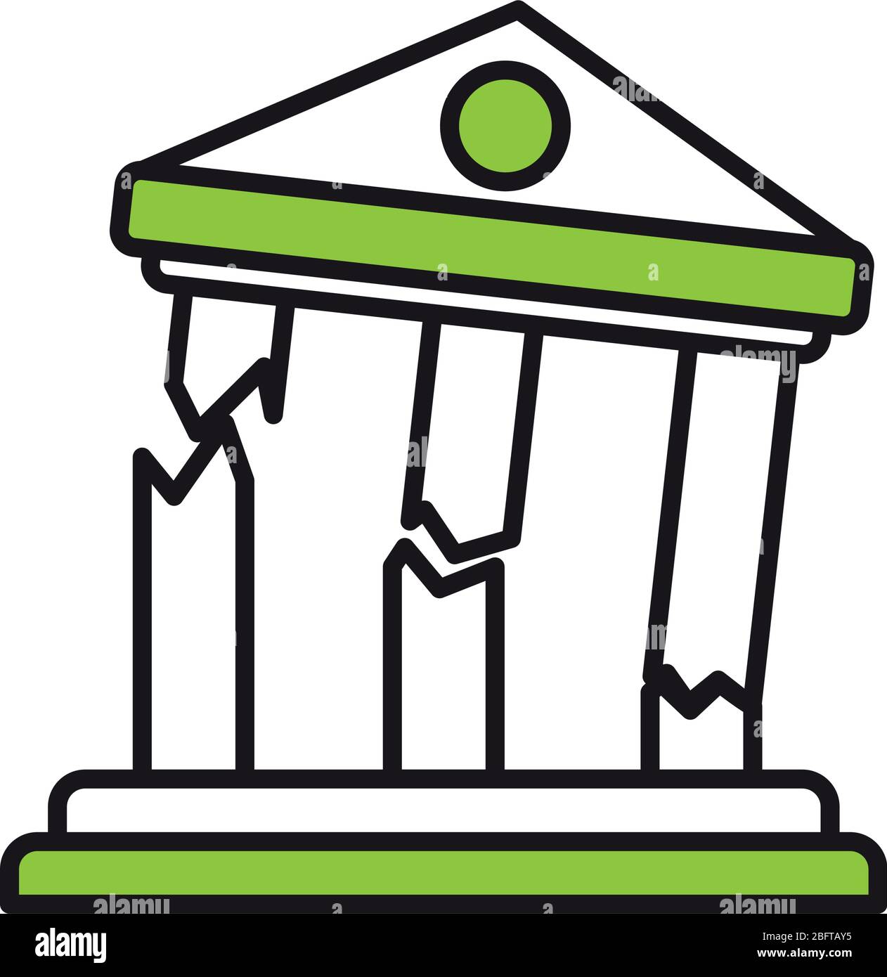 broken bank building icon over white background, half line half color ...