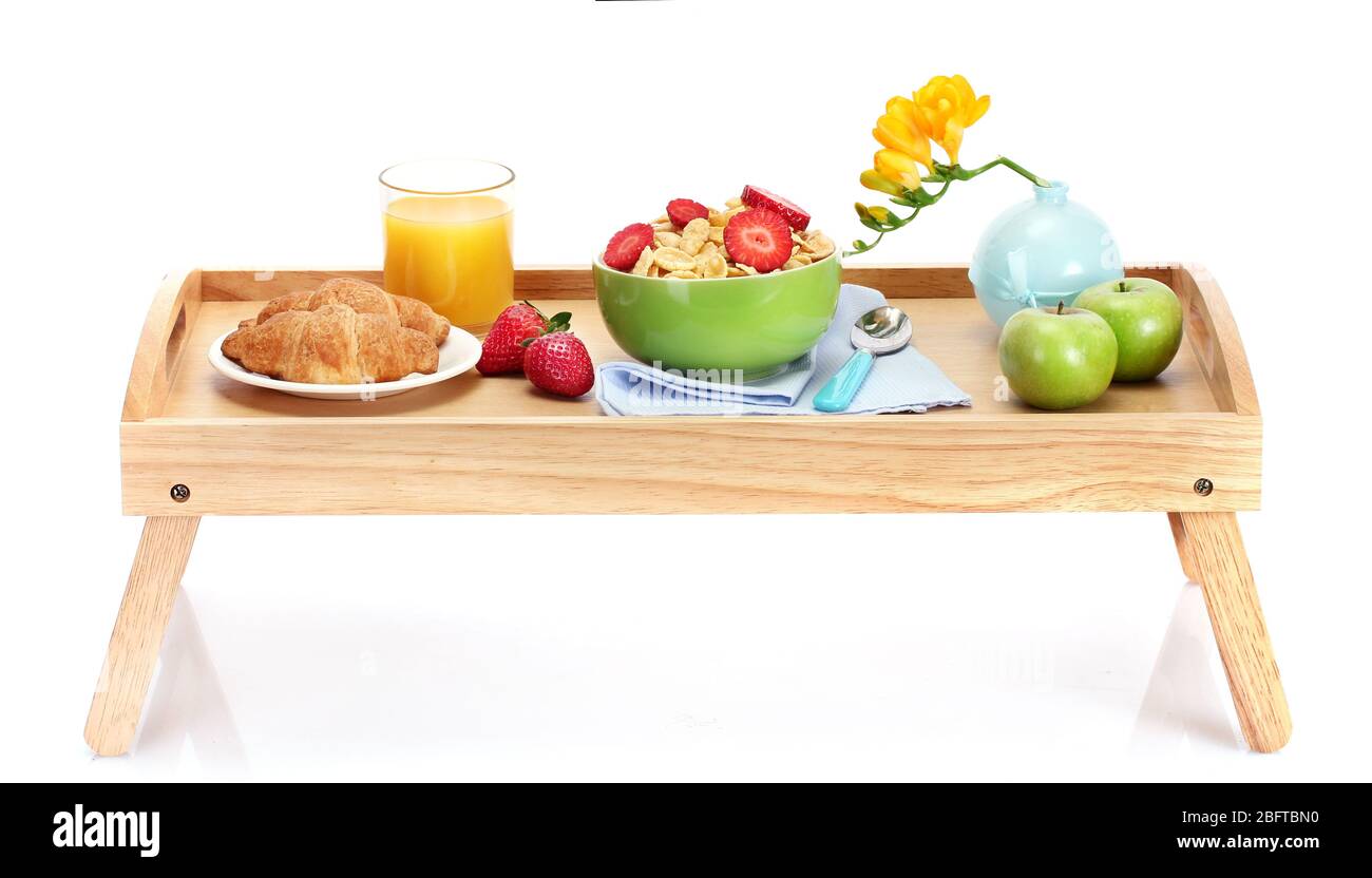 light breakfast on wooden tray isolated on white Stock Photo - Alamy