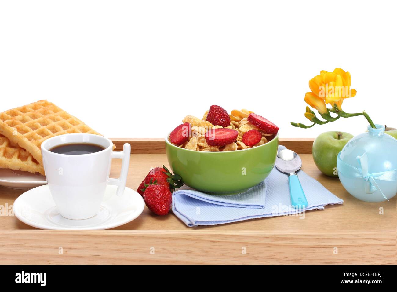 light breakfast on wooden tray isolated on white Stock Photo - Alamy