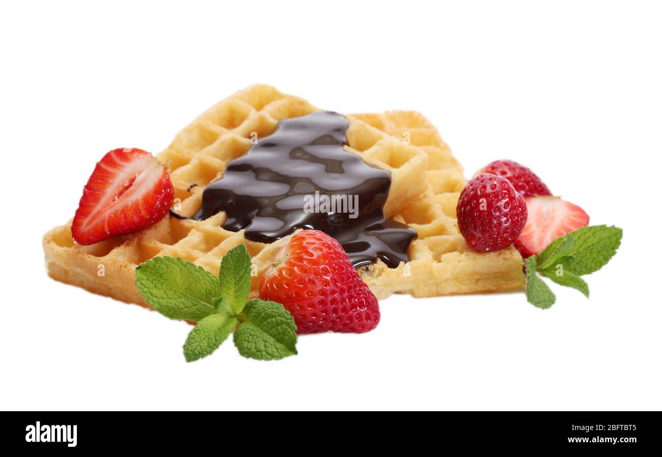 belgium waffles with strawberries and mint isolated on white Stock ...