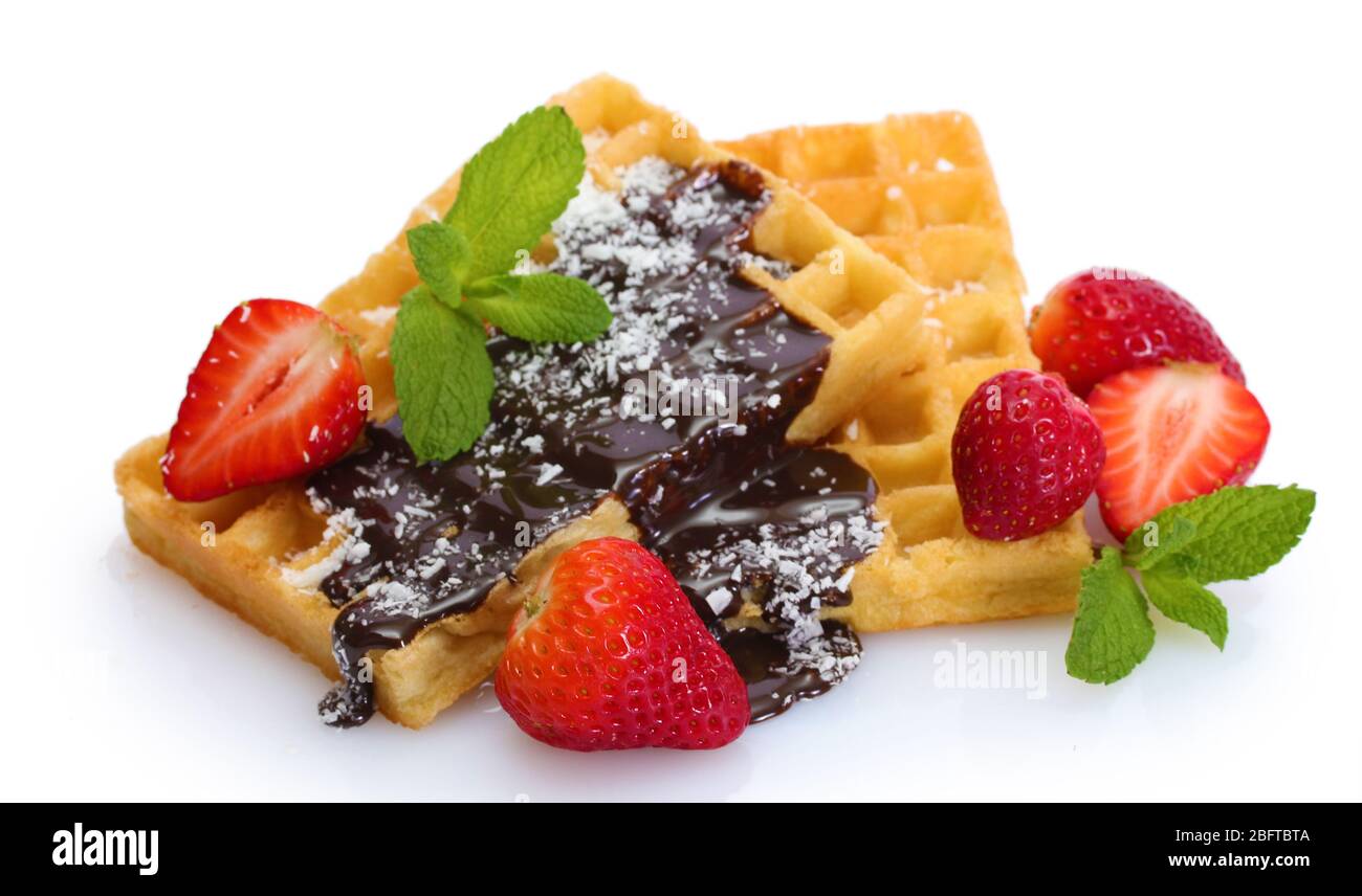 belgium waffles with strawberries and mint isolated on white Stock ...